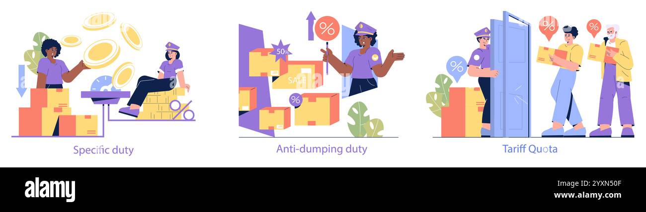 Customs Tariffs on Imports set. Illustrating various import duties ...