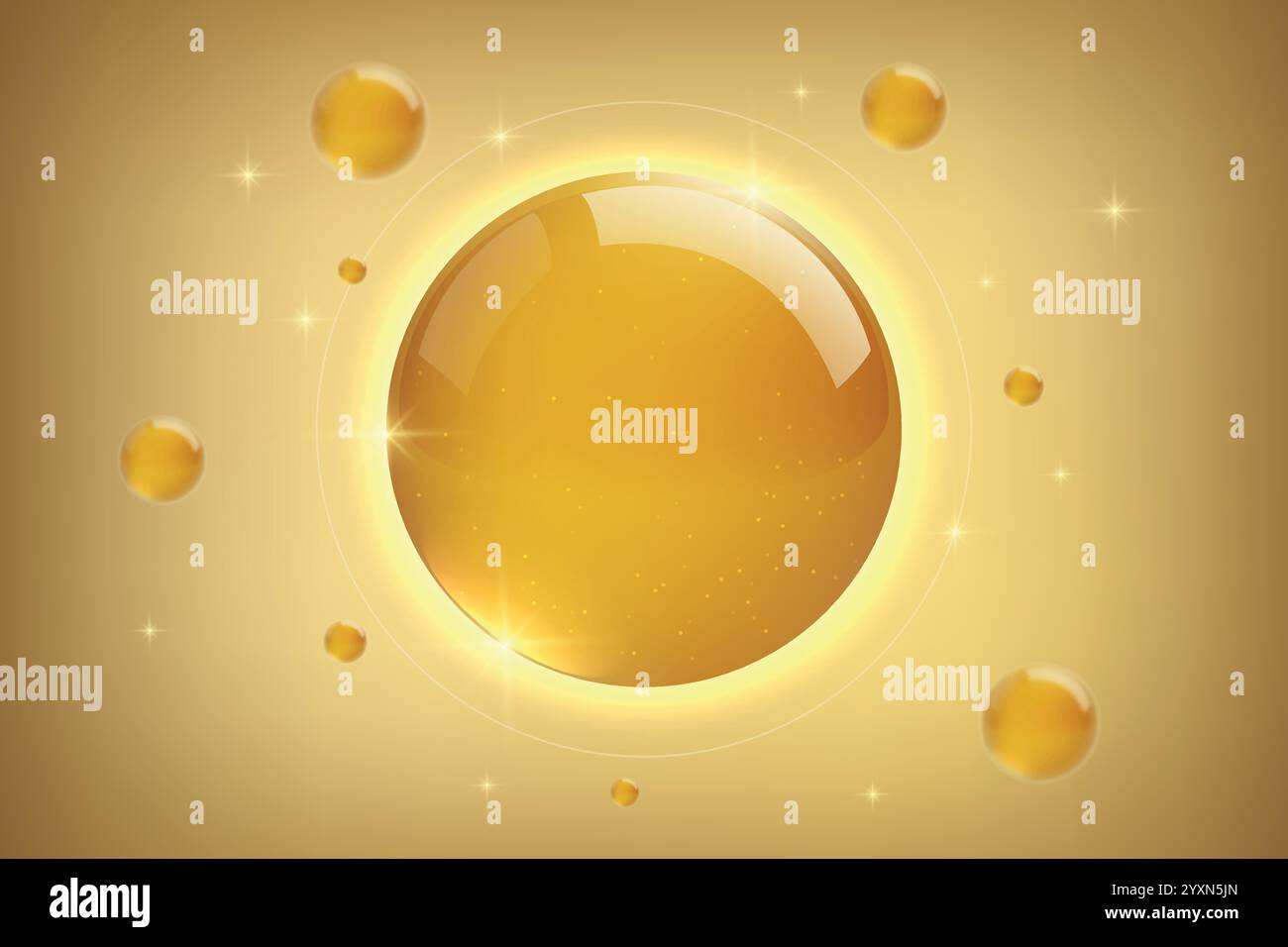 Glossy golden sphere surrounded by smaller orbs and sparkling light ...