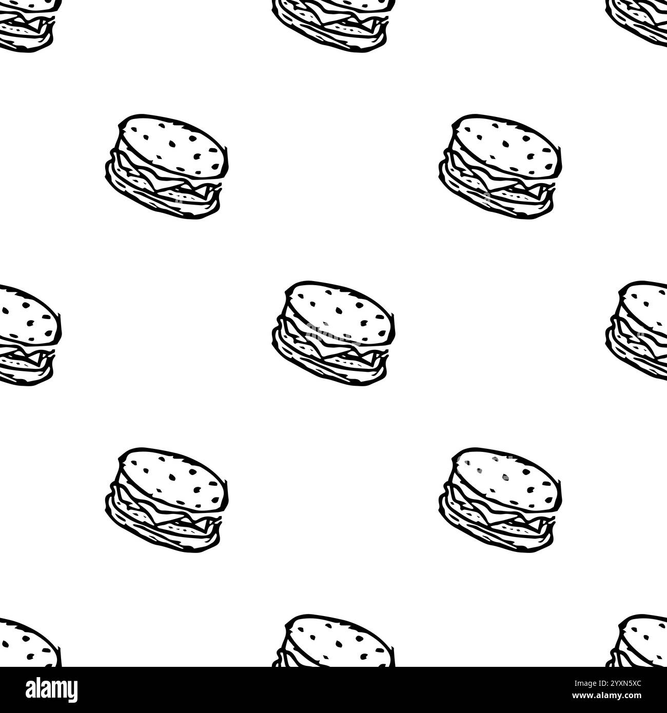 Seamless burger pattern. Drawn hamburger background. Doodle hand drawn ...