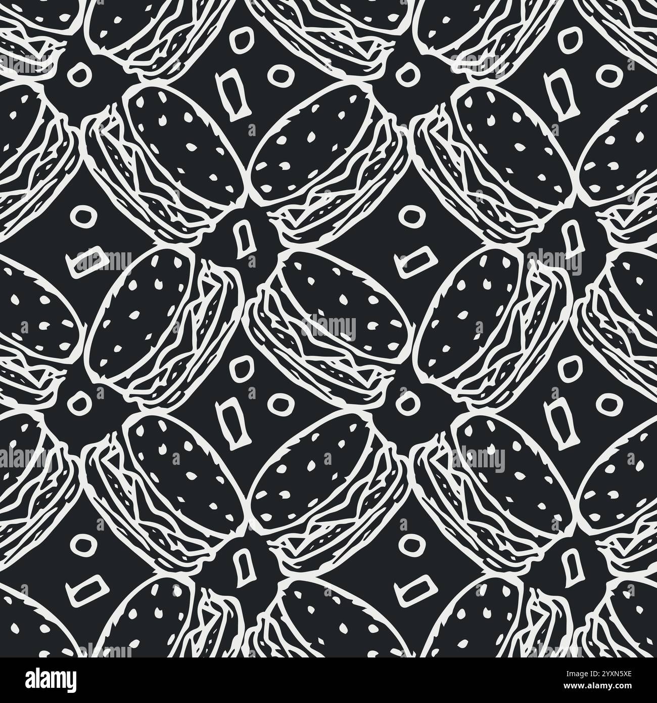 Seamless burger pattern. Drawn hamburger background. Doodle hand drawn ...