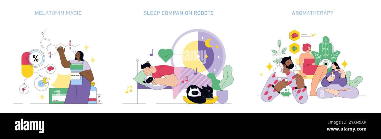 Sleepmaxxing set. Illustration of melatonin benefits, robotic sleep ...