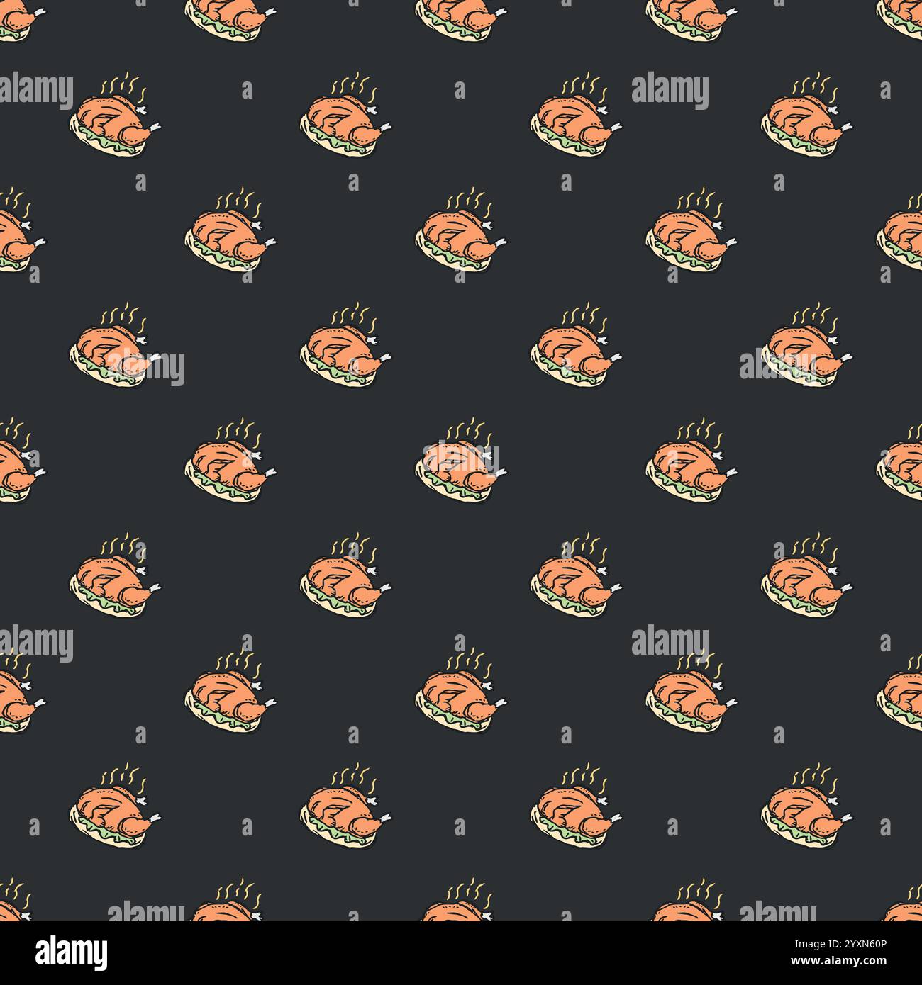 Seamless baked turkey pattern. Drawn baked turkey background. Doodle ...