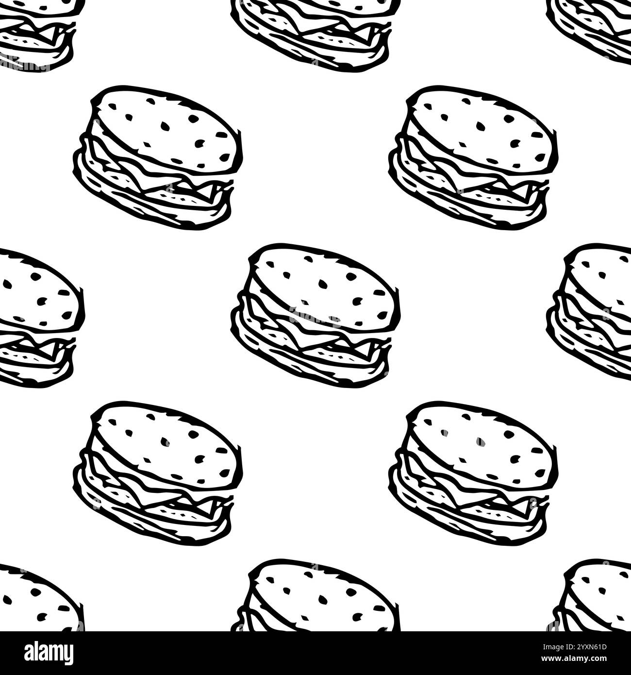 Seamless burger pattern. Drawn hamburger background. Doodle hand drawn ...