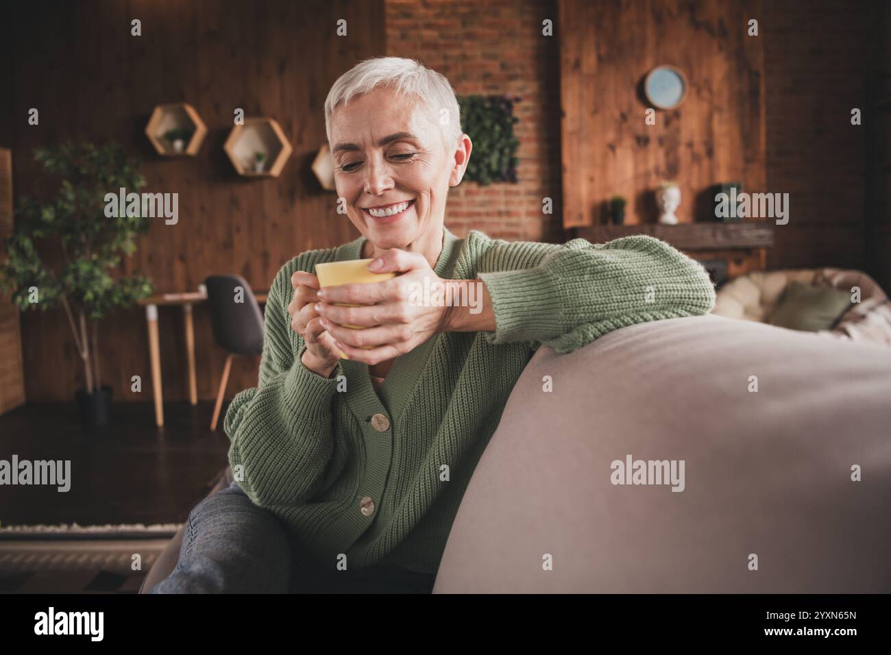 Content elderly woman enjoying tea in cozy loft living room with natural daylight indoors Stock ...