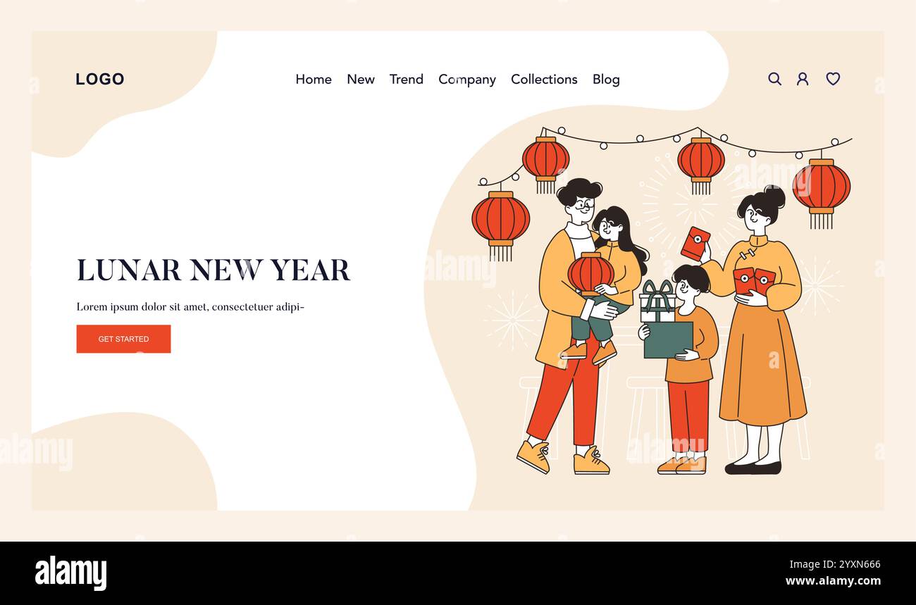 Lunar New Year concept. Family exchanging gifts and decorations ...