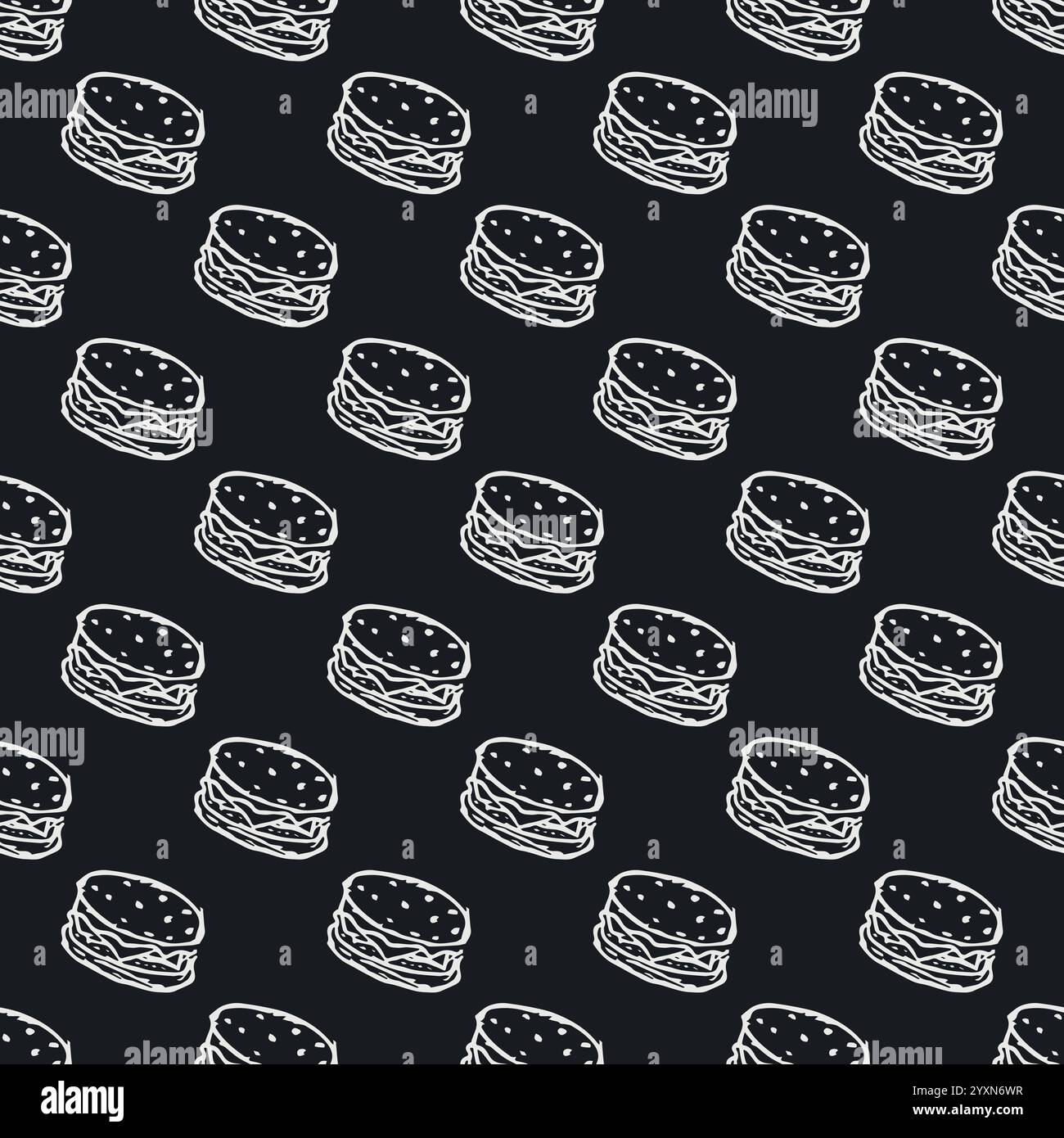 Seamless burger pattern. Drawn hamburger background. Doodle hand drawn ...