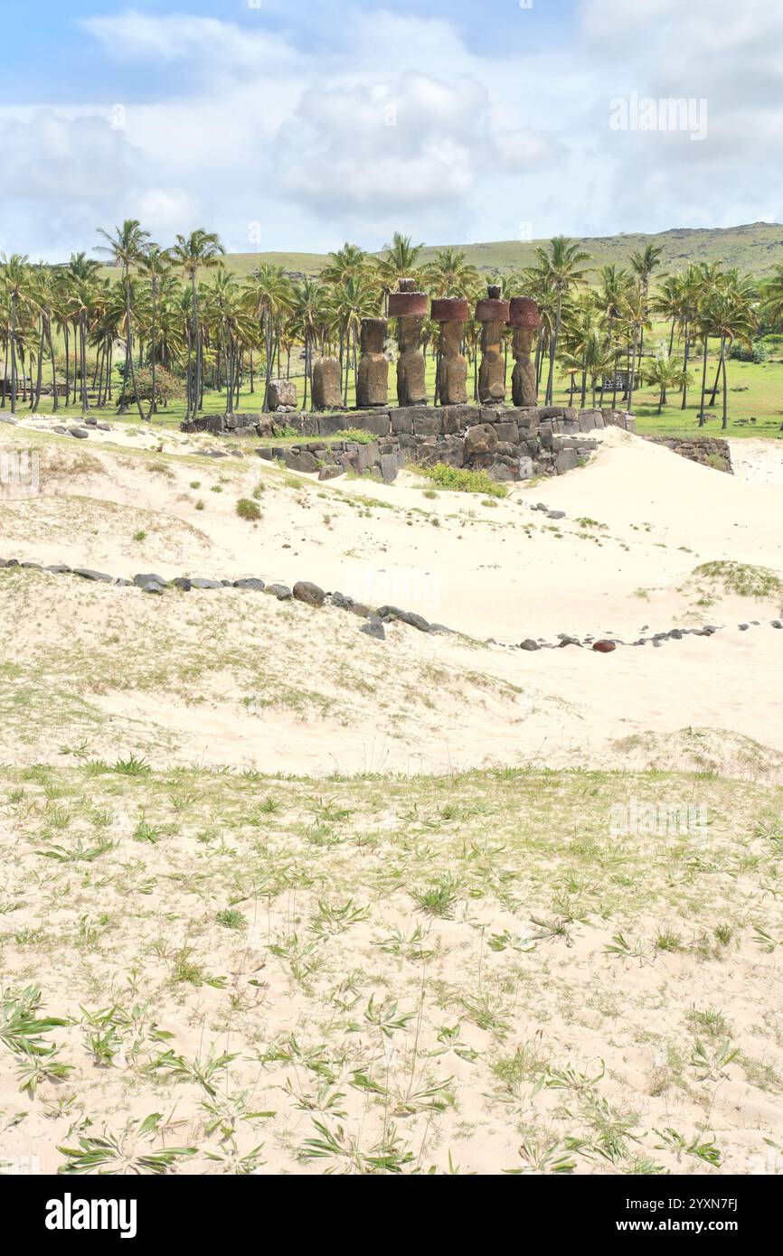 Anakena coral sand beach in Rapa Nui National Park (Easter Island) with ...