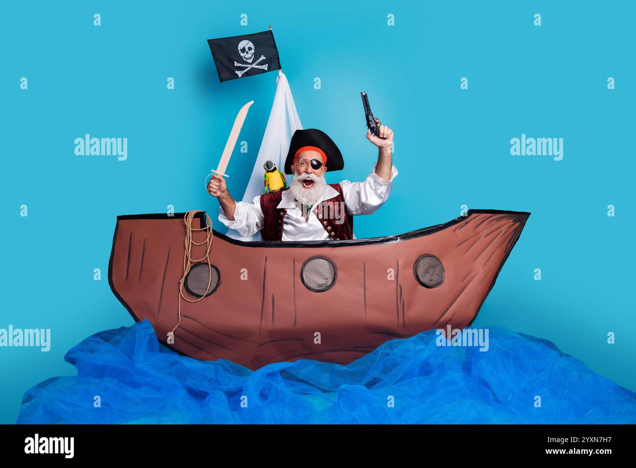 Photo of strong pirate in traditional costume swimming in the sea ...