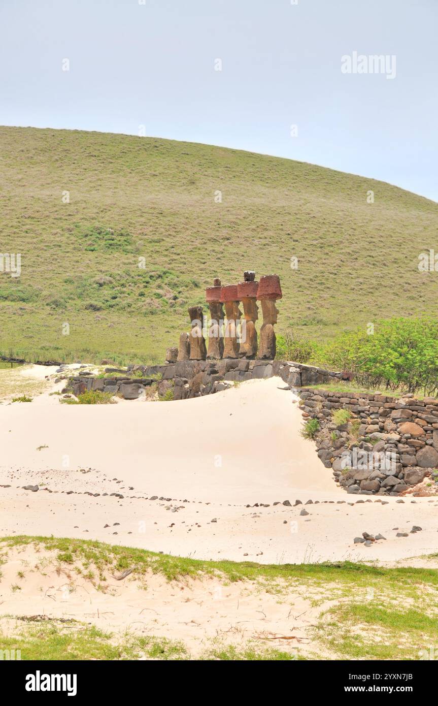 Anakena coral sand beach in Rapa Nui National Park (Easter Island) with ...