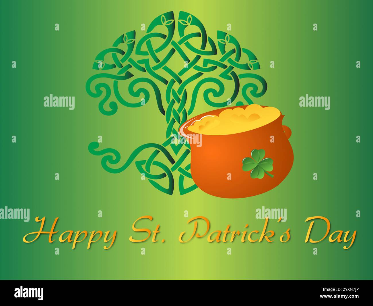 Green background with a tree and a pot of gold. The pot of gold is on ...