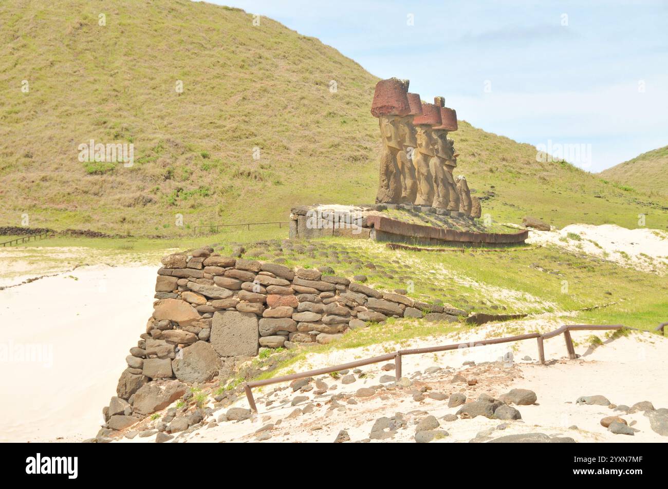 Anakena coral sand beach in Rapa Nui National Park (Easter Island) with ...