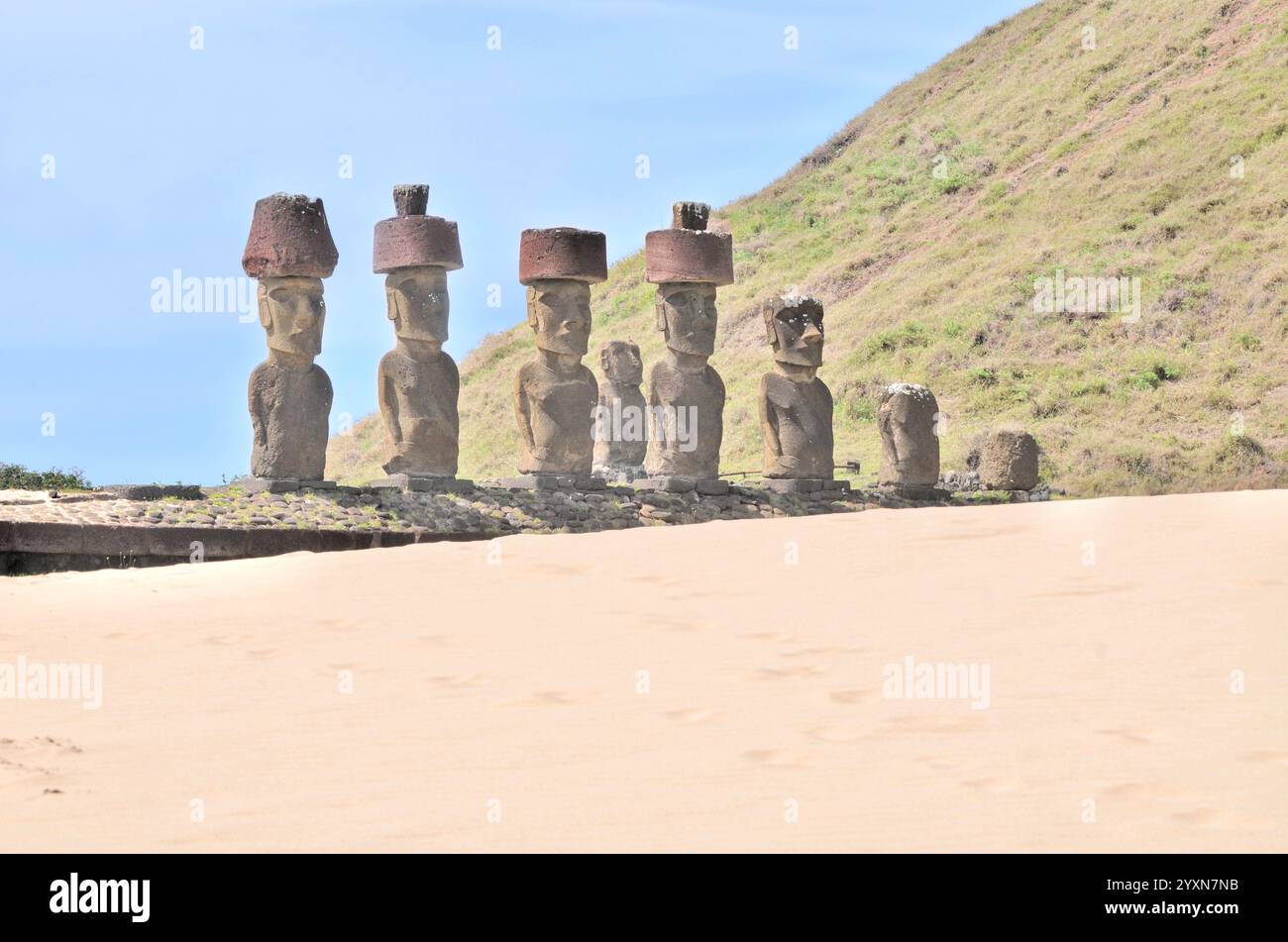 Anakena coral sand beach in Rapa Nui National Park (Easter Island) with ...