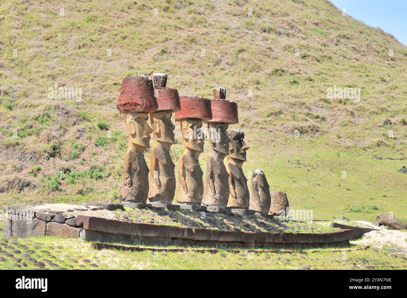 Anakena coral sand beach in Rapa Nui National Park (Easter Island) with ...