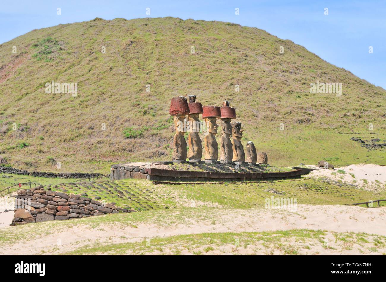Anakena coral sand beach in Rapa Nui National Park (Easter Island) with ...