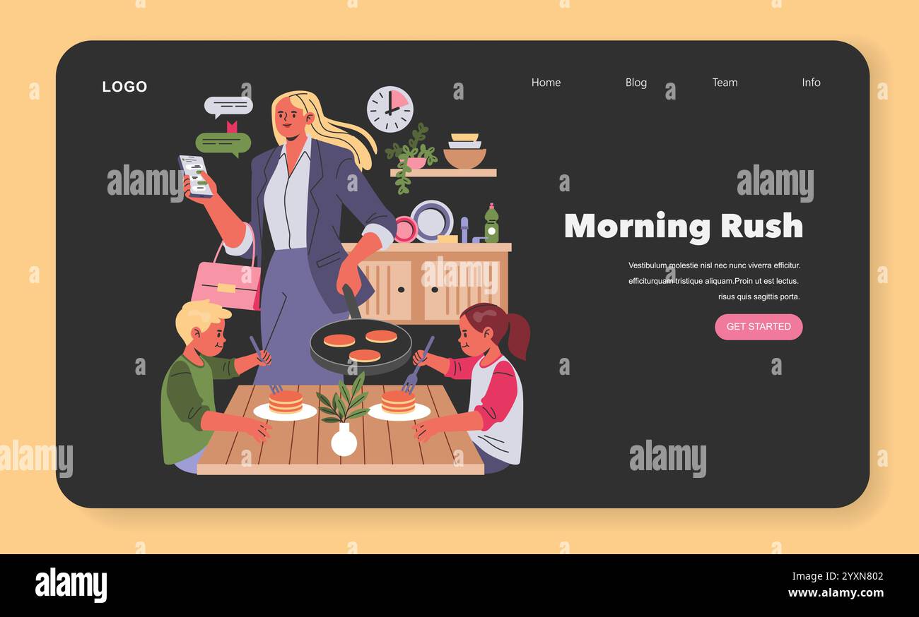 Working mom life concept. Multitasking mother prepares breakfast while ...