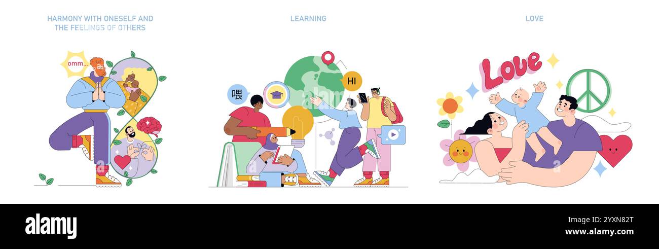 Human Values set. Illustrations depicting inner peace, continuous ...