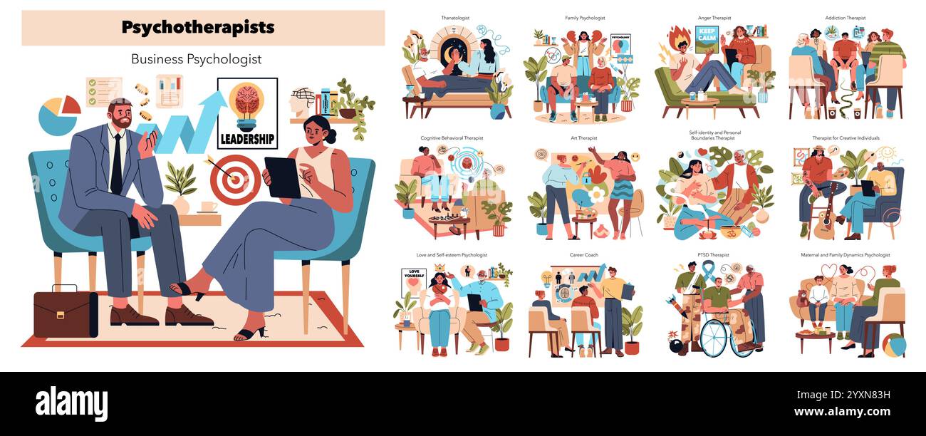 Psychotherapists concept. Diverse therapy practices supporting mental ...