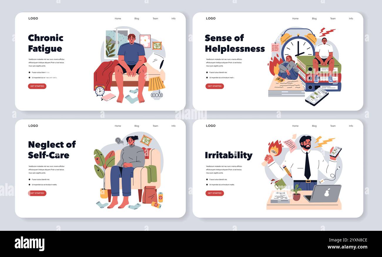 Burnout Signs set. Illustrations depict chronic fatigue, helplessness ...