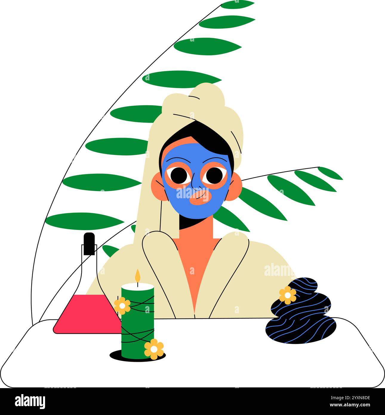 Woman With Face Mask At Spa Table In Flat Vector Illustration ...