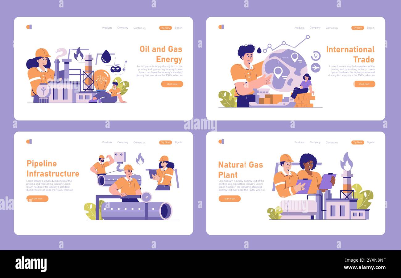 Energy industry set. Oil and gas production, pipeline maintenance ...