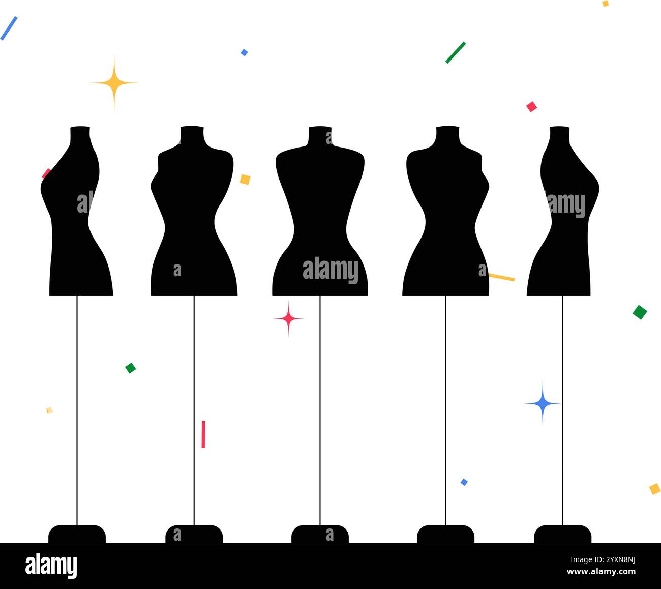 Five Dressmaker Mannequins In Flat Vector Illustration Symbolizing ...