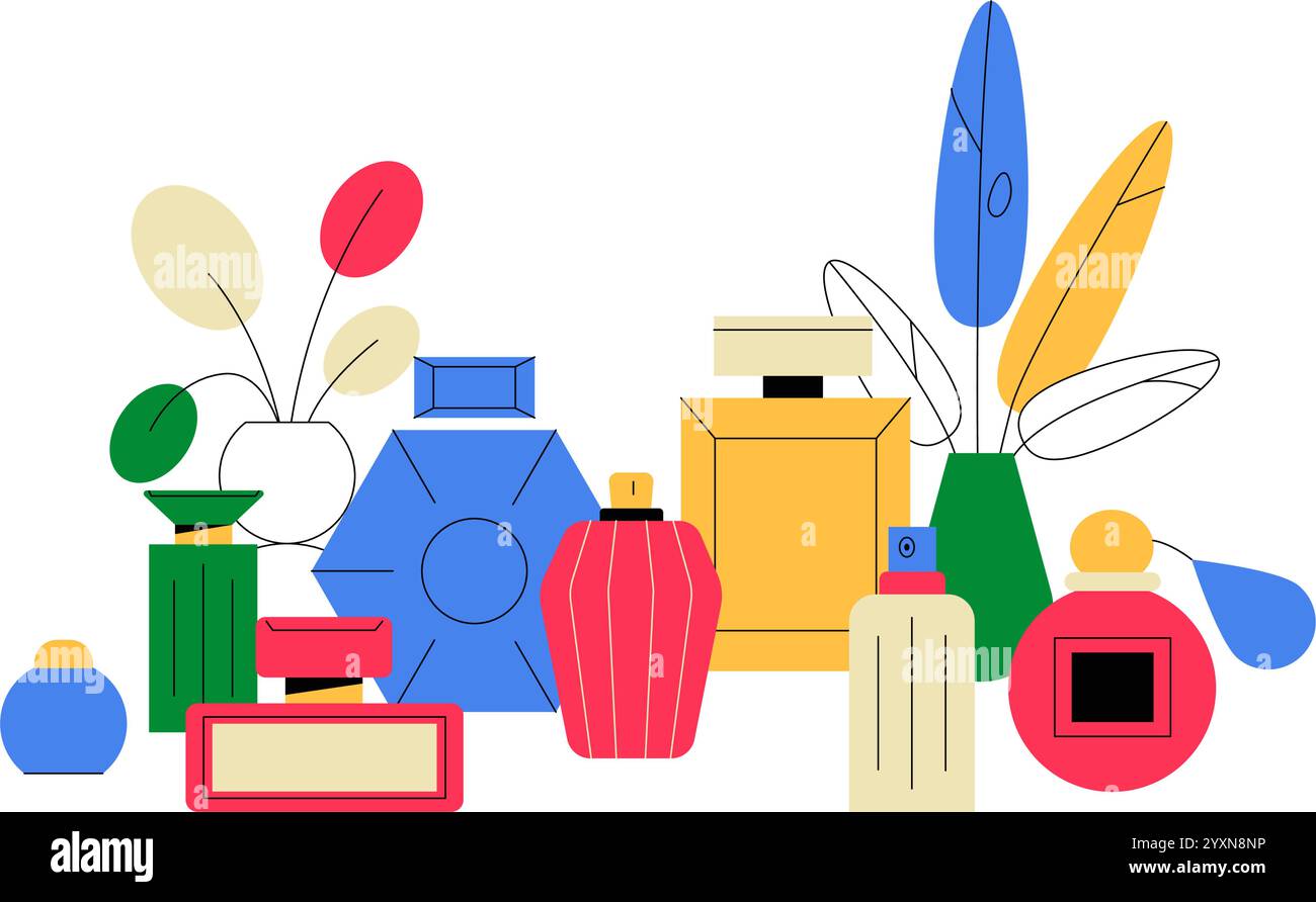 Perfume Bottles And Plants In Flat Vector Illustration Symbolizing ...