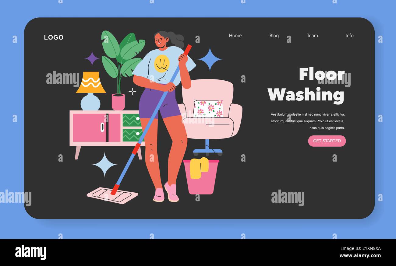 Floor Cleaning concept. Person mopping home interior with plants and ...