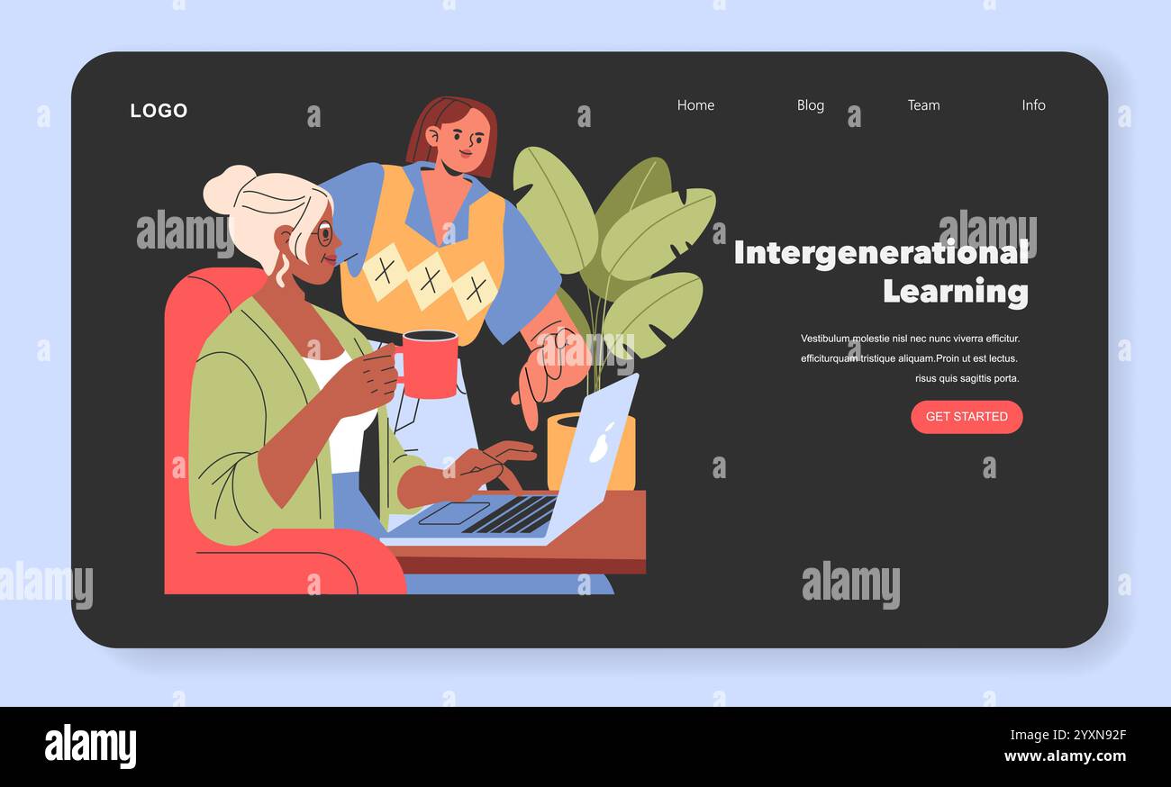 Intergenerational learning concept. An elderly woman and a young adult ...