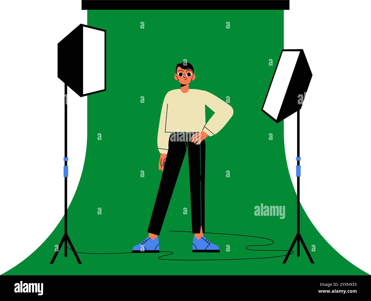 Male Model Standing On Photo Studio Set In Flat Vector Illustration ...