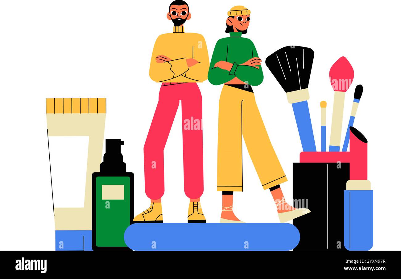 Two Characters Standing With Beauty Products In Flat Vector ...
