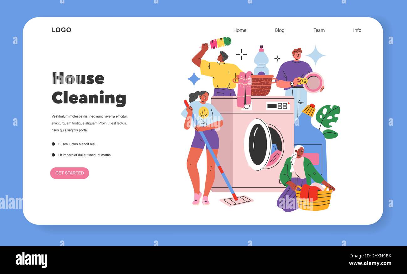 House Cleaning concept. Trio undertaking domestic chores with joy and ...