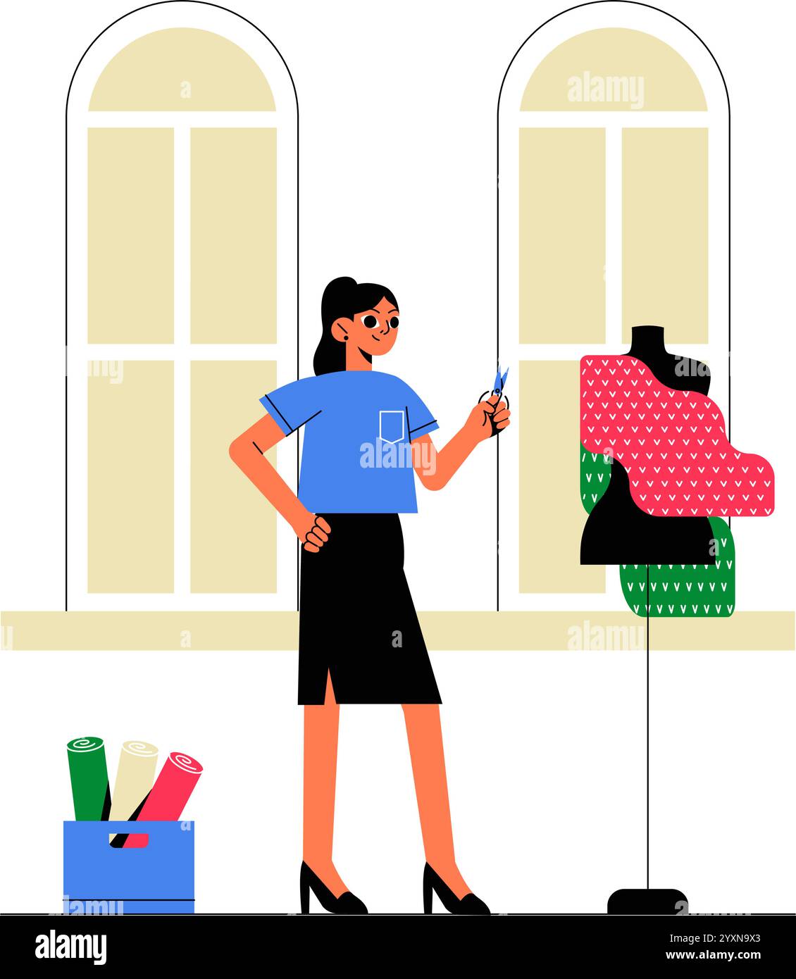 Female Fashion Designer Working On A Dress In Flat Vector Illustration ...