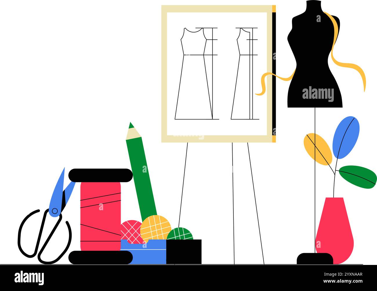 Sewing Tools And Dress Sketch On Board In Flat Vector Illustration ...