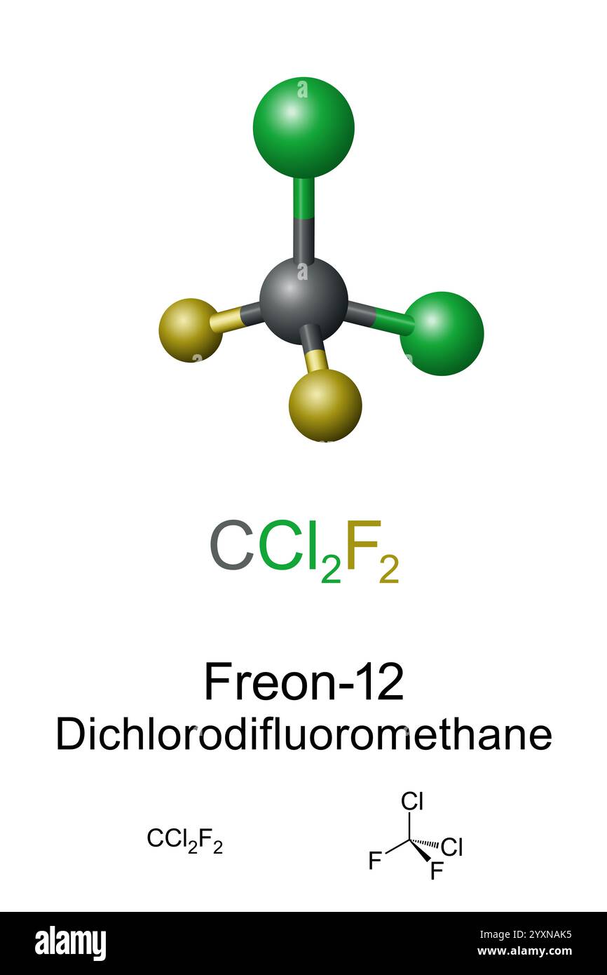 Freon-12, Dichlorodifluoromethane, R-12, molecule model and chemical formula. Chlorofluorocarbon ...