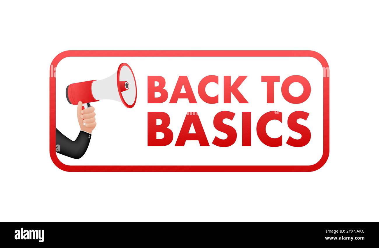 Businessman holding megaphone announcing back to basics inside red ...