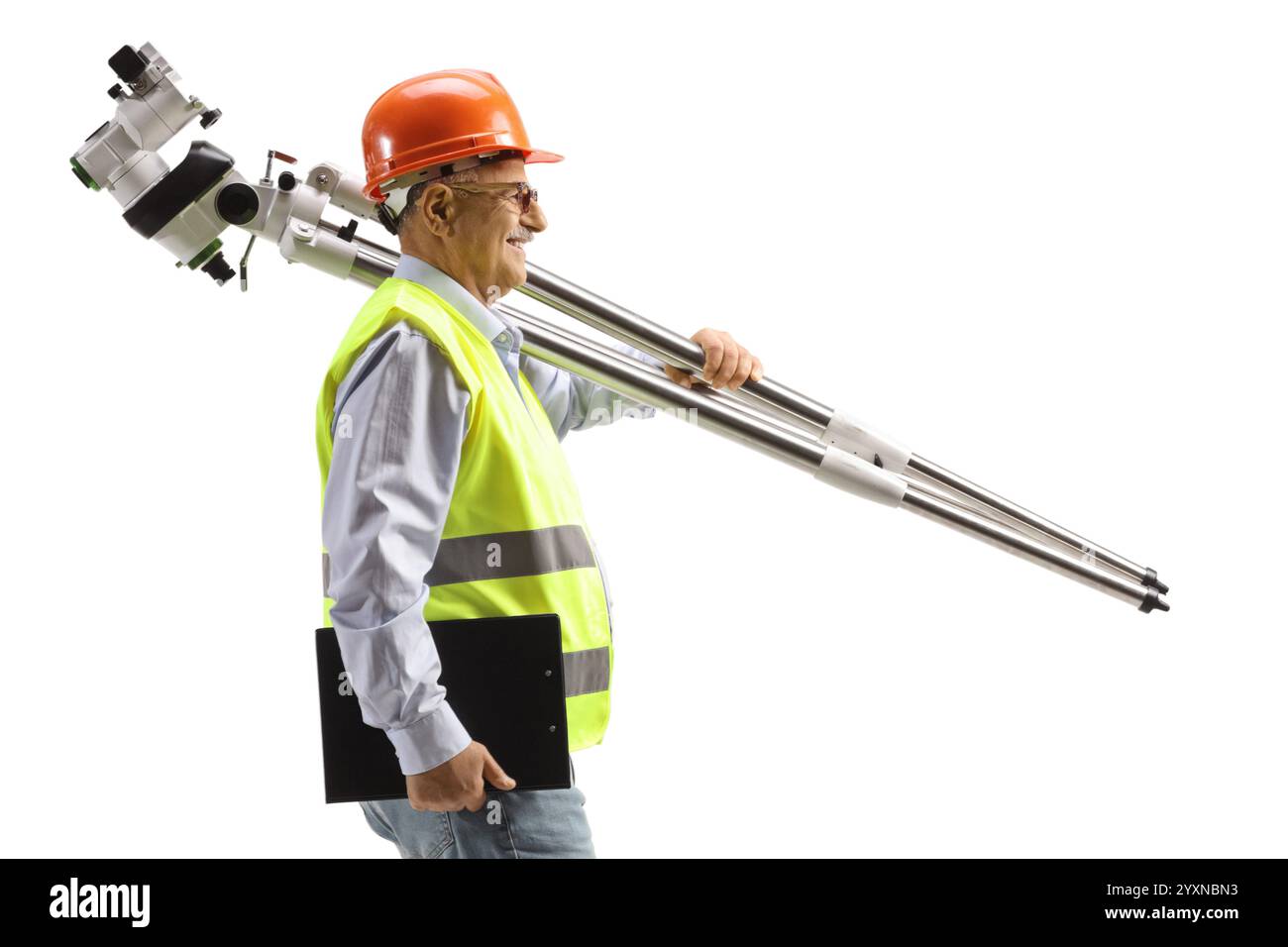 Engineer walking and carrying measuring instrument isolated on white ...