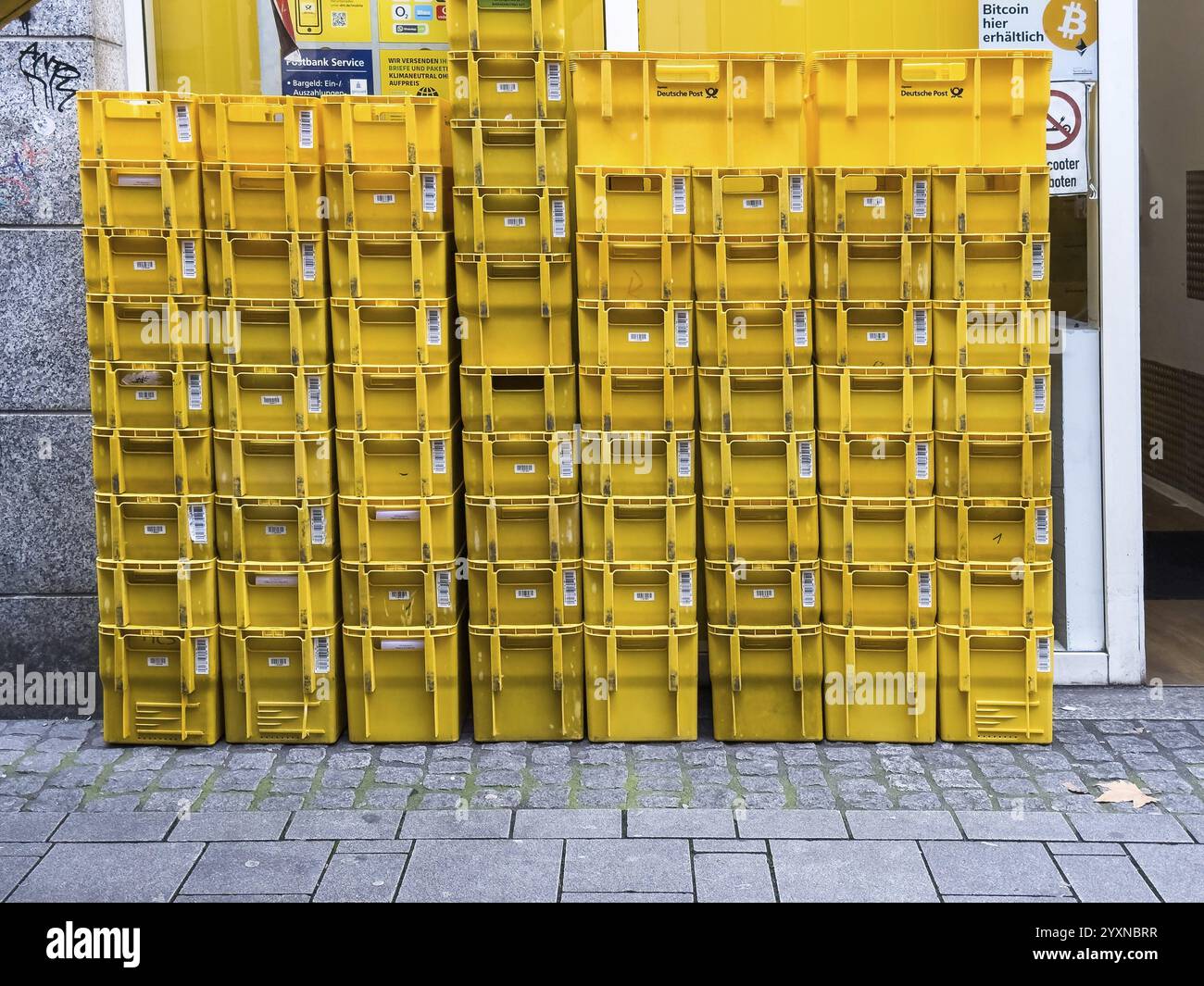 Stack of yellow post boxes in Duesseldorf, Germany, Europe Stock Photo ...