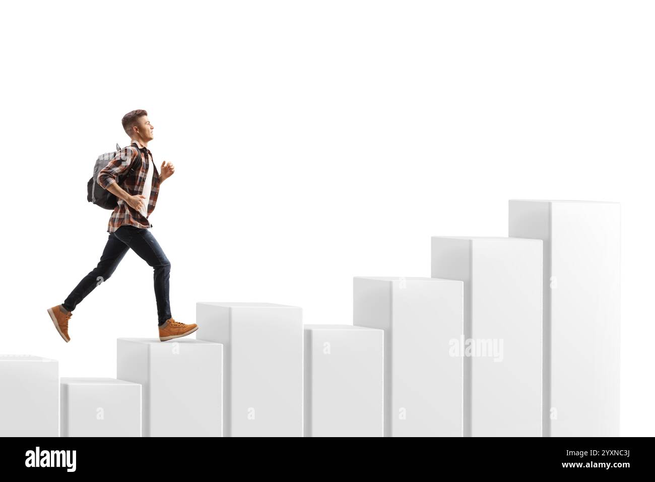 Full length profile shot of a male teen student running on a bar chart ...