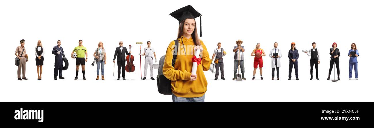 Young schoolgirl in front of people with different professions isolated ...
