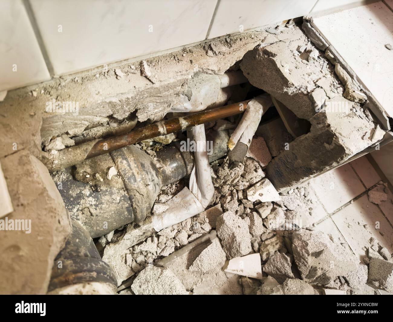 Waste water pipe of a toilet, water inlet, construction site of a ...