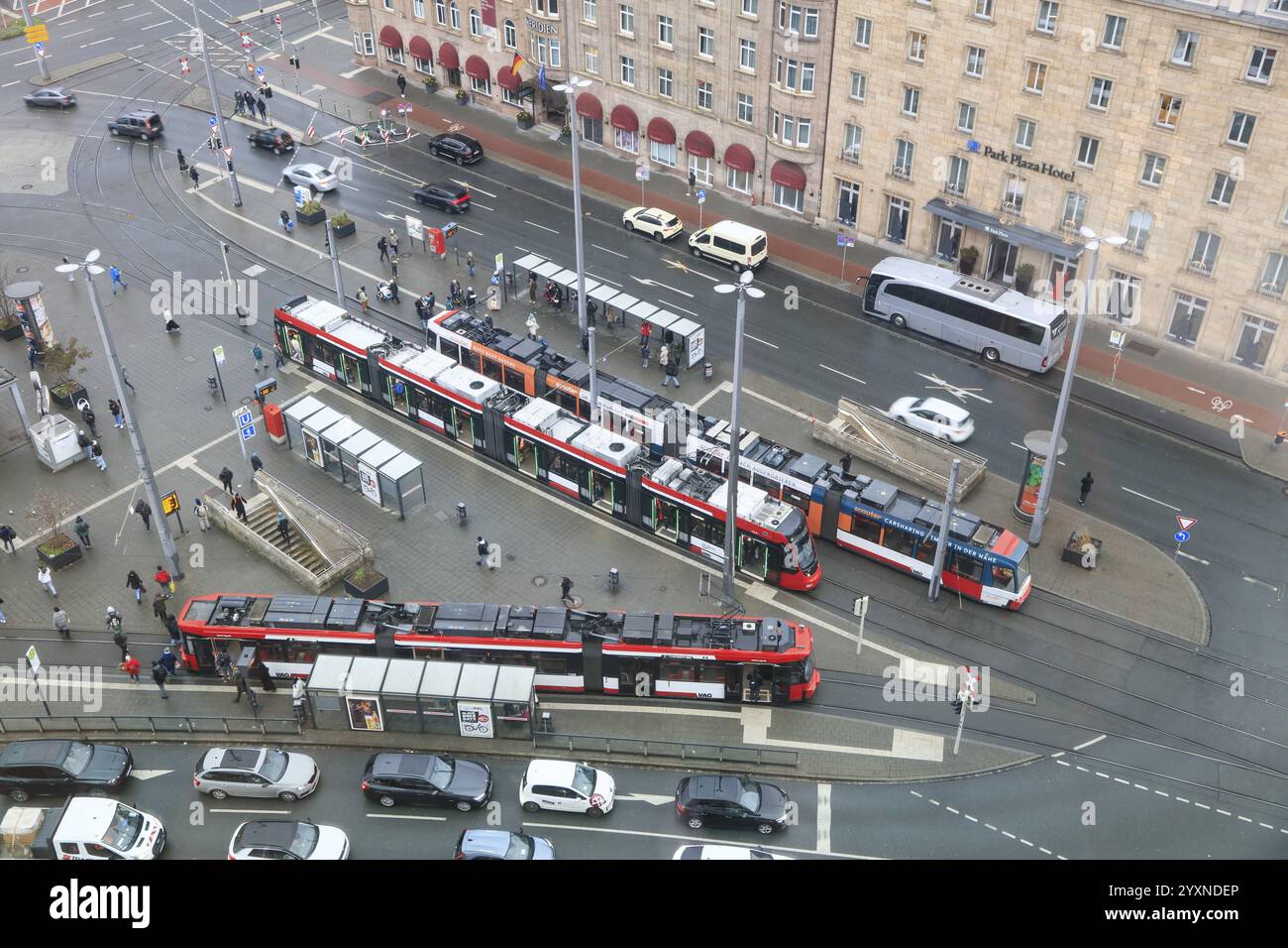 Bird's eye view of station square with trams and car traffic, Nuremberg ...