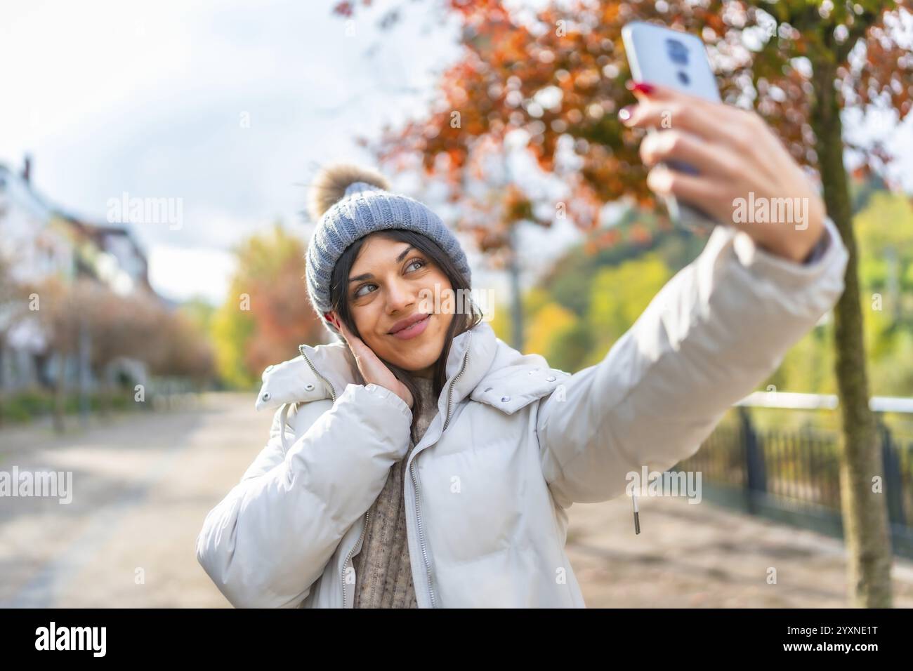 Woman selfie happily in city hi-res stock photography and images - Alamy