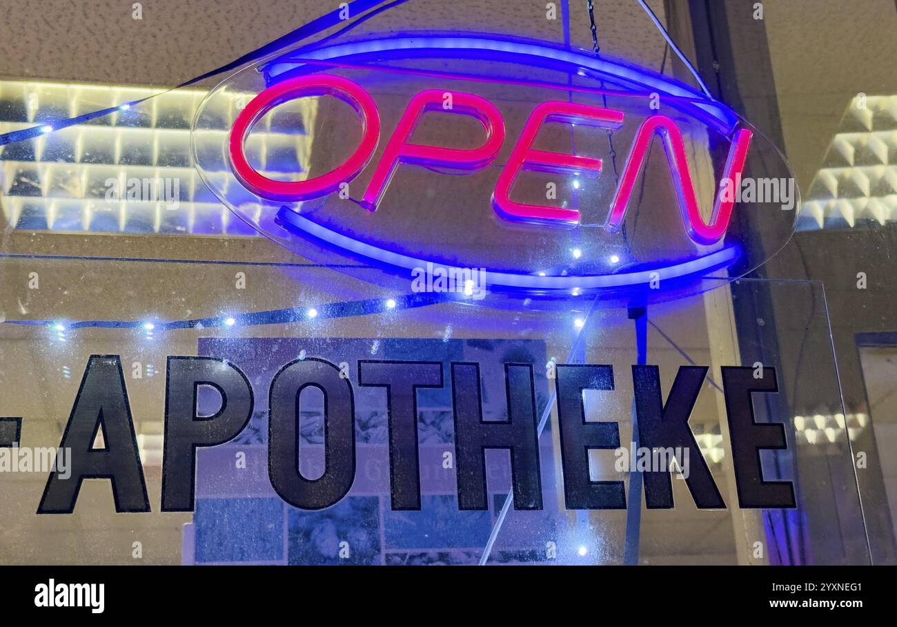 Neon Open sign on a pharmacy in Duesseldorf Stock Photo - Alamy