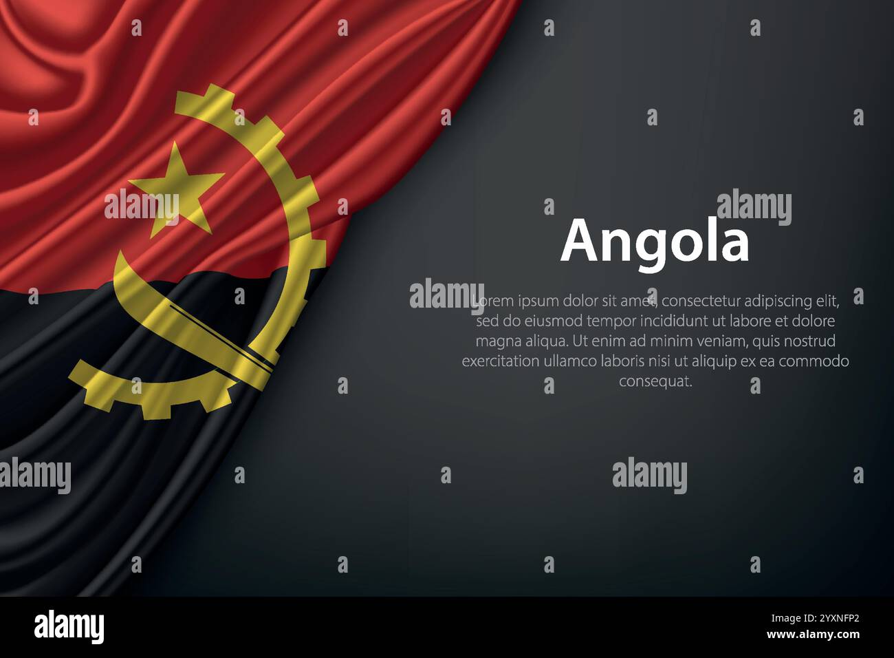 Realistic depiction of the Angola flag with flowing texture on a dark ...