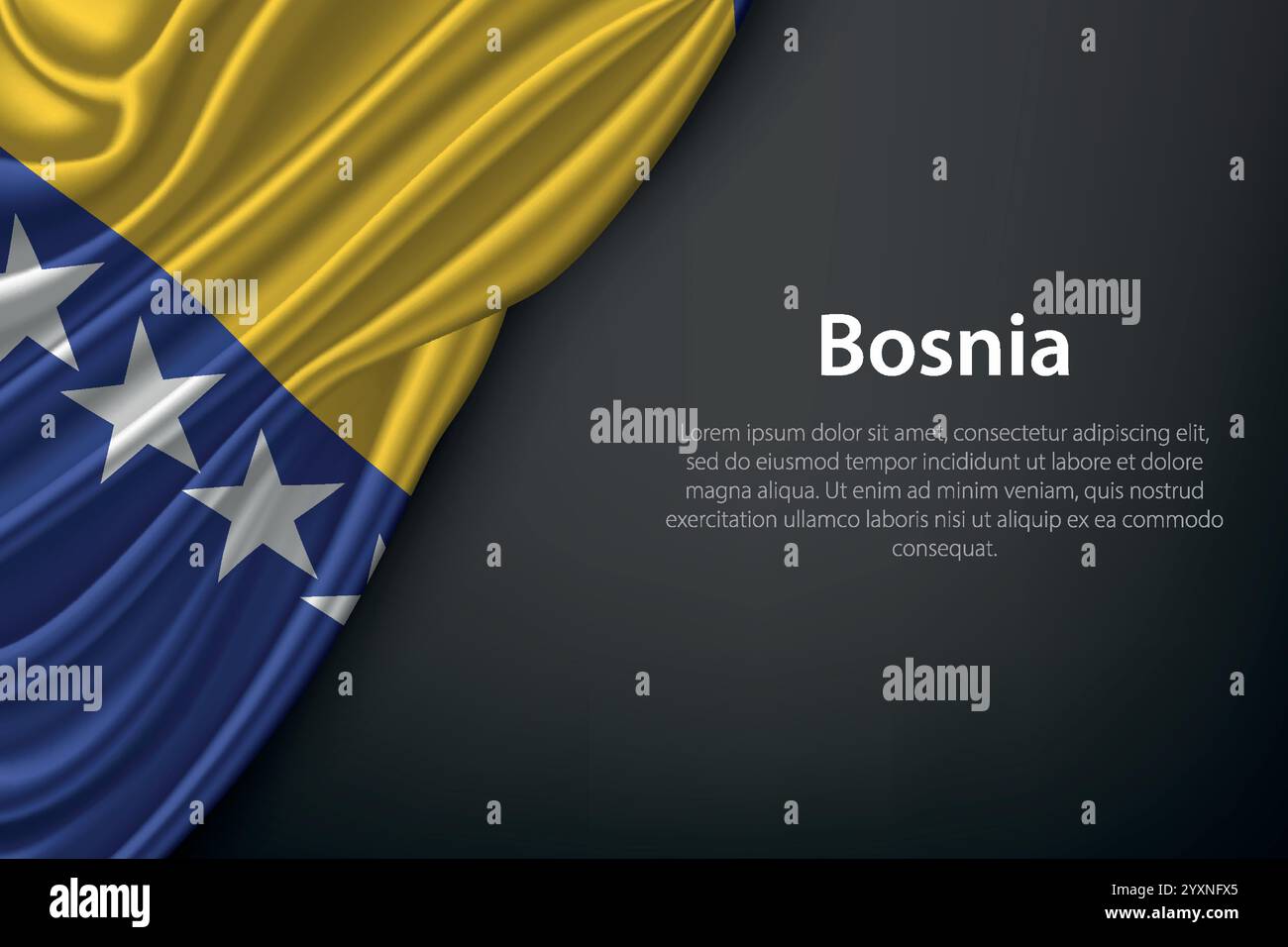 Realistic depiction of the Bosnia flag with flowing texture on a dark ...