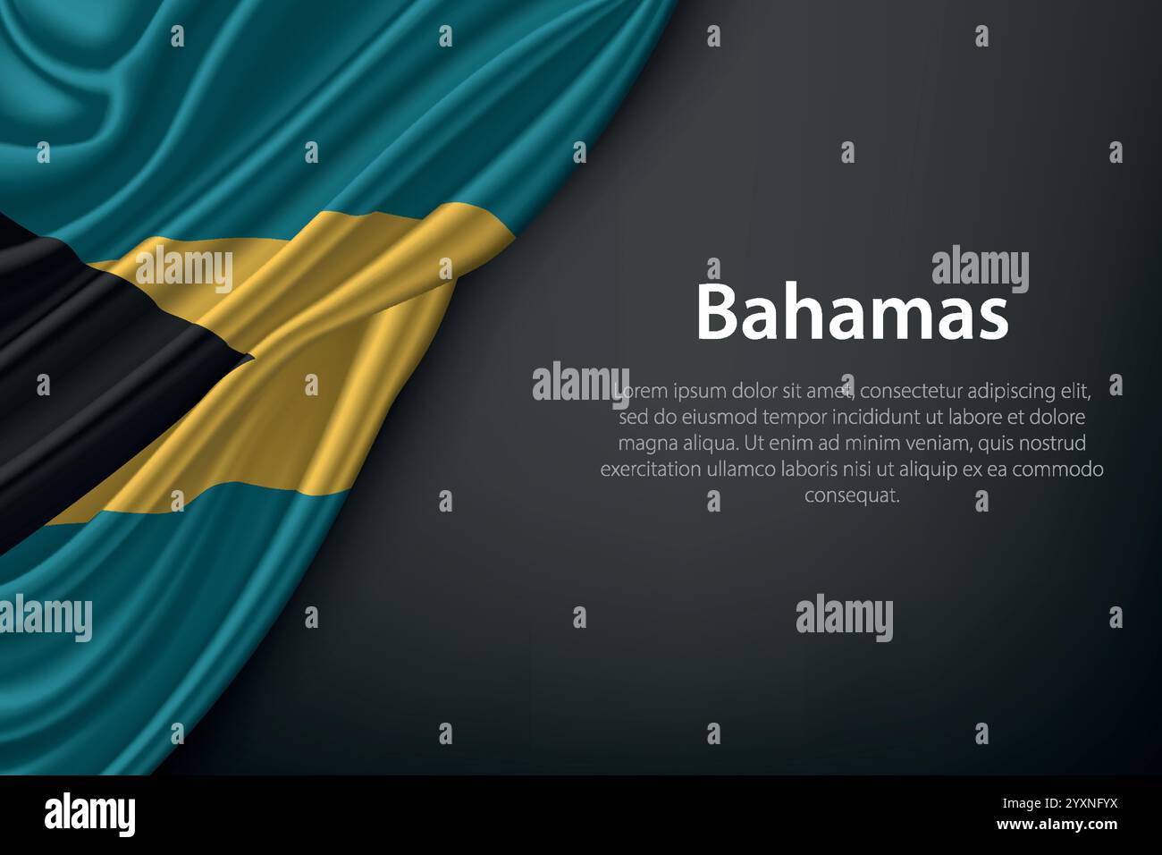 Realistic depiction of the Bahamas flag with flowing texture on a dark ...