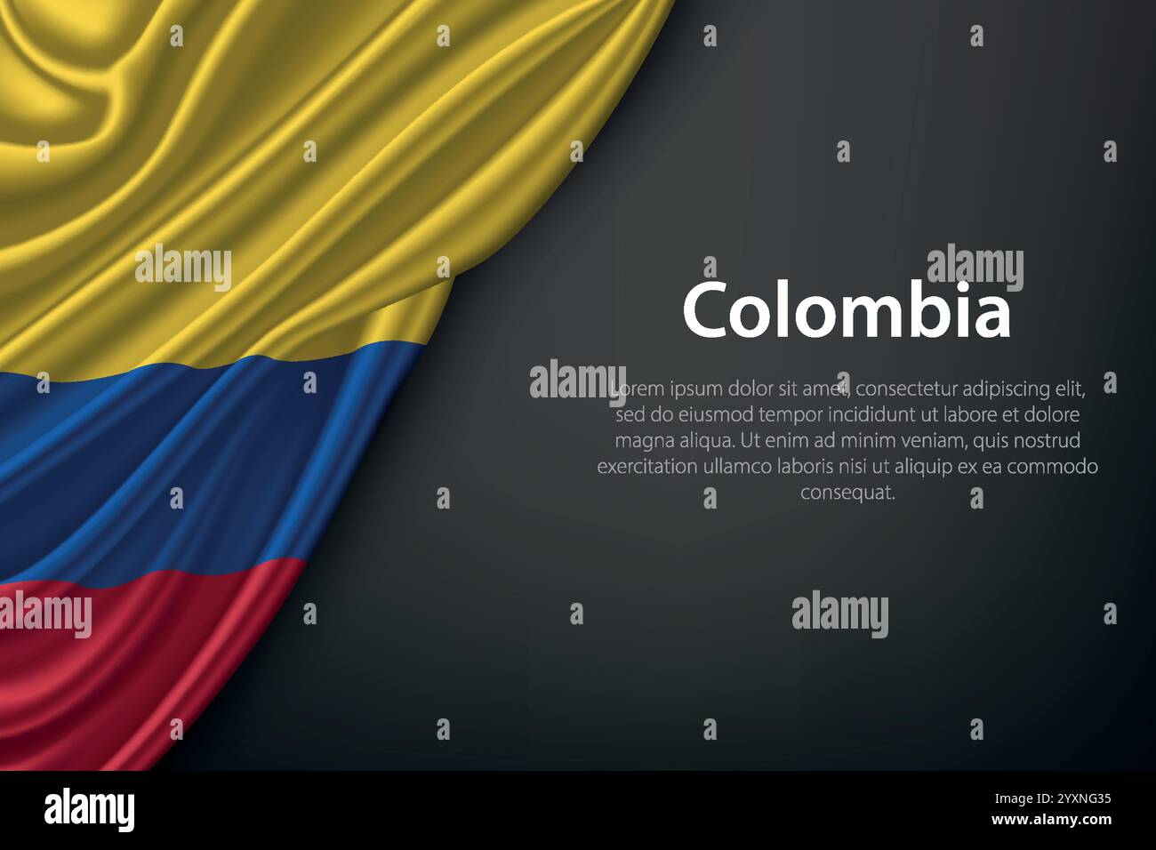 Realistic depiction of the Colombia flag with flowing texture on a dark ...