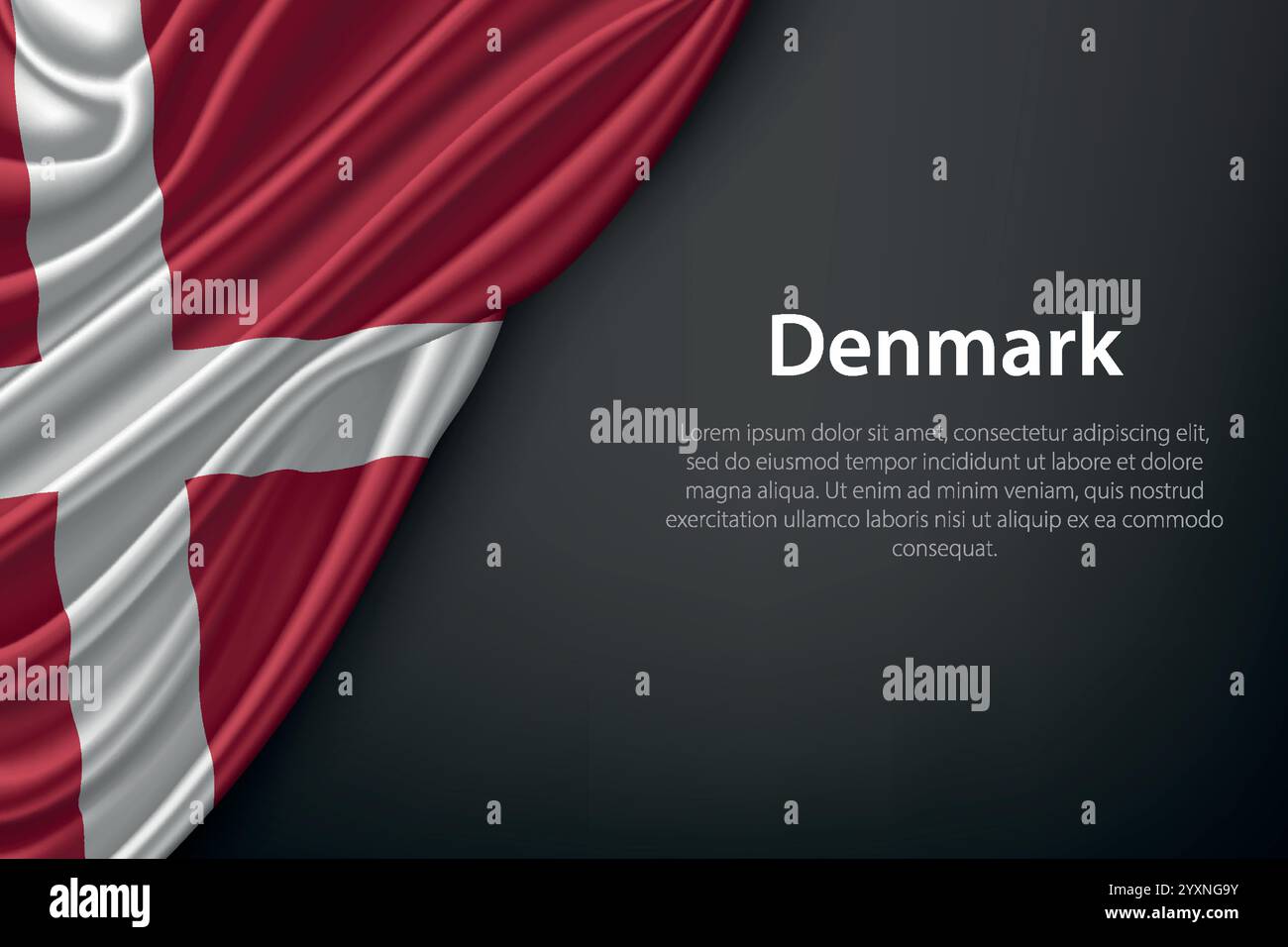Realistic depiction of the Denmark flag with flowing texture on a dark ...