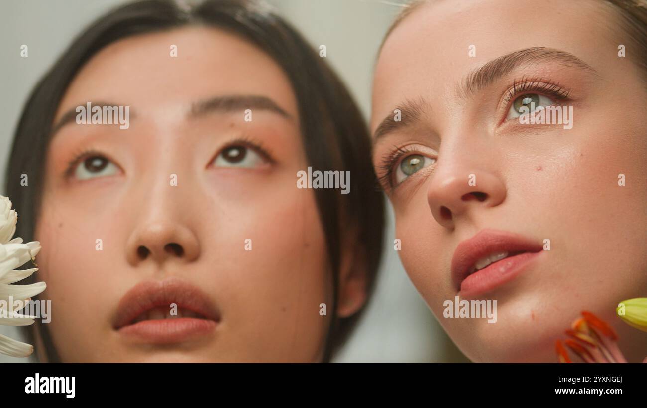 Two sensual elegance beautiful multiethnic girl diversity models natural beauty skin cosmetology ...