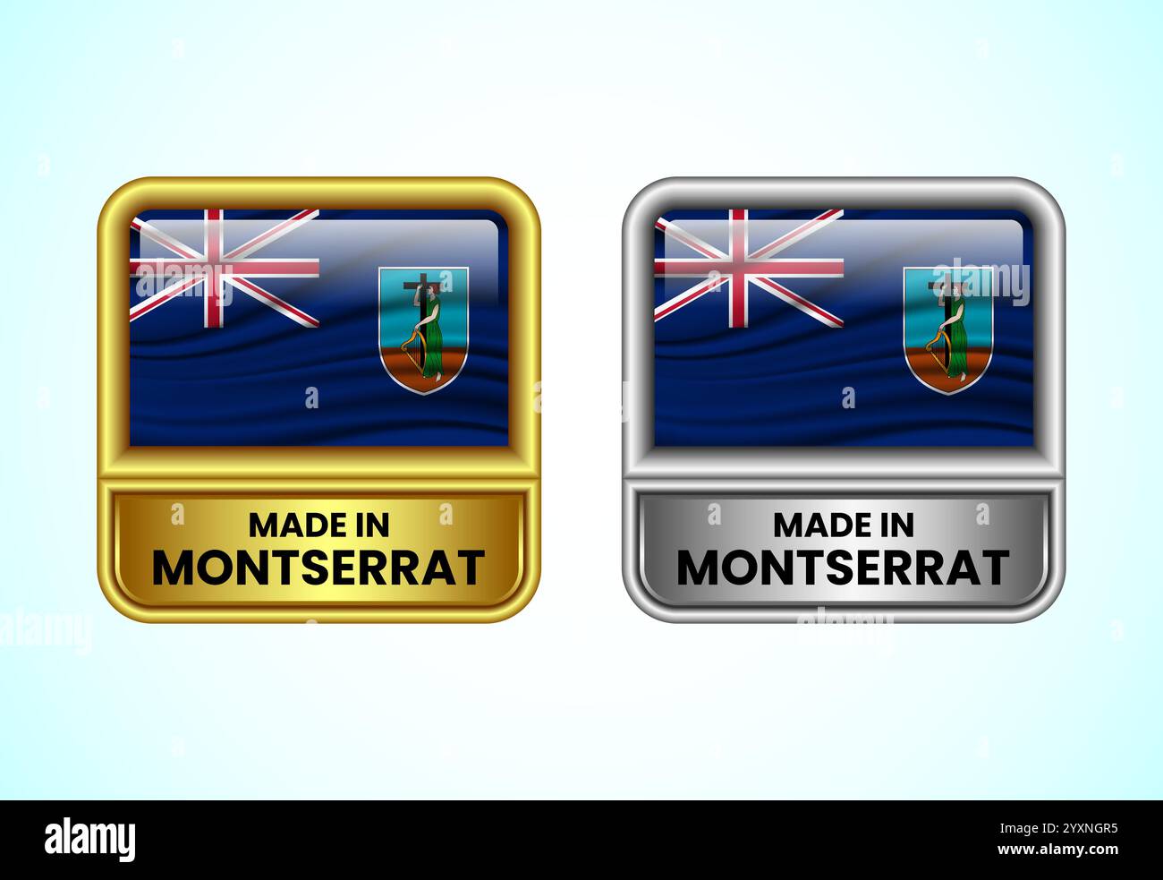 Made in Montserrat label icon in gold and silver color. Flag icon set ...
